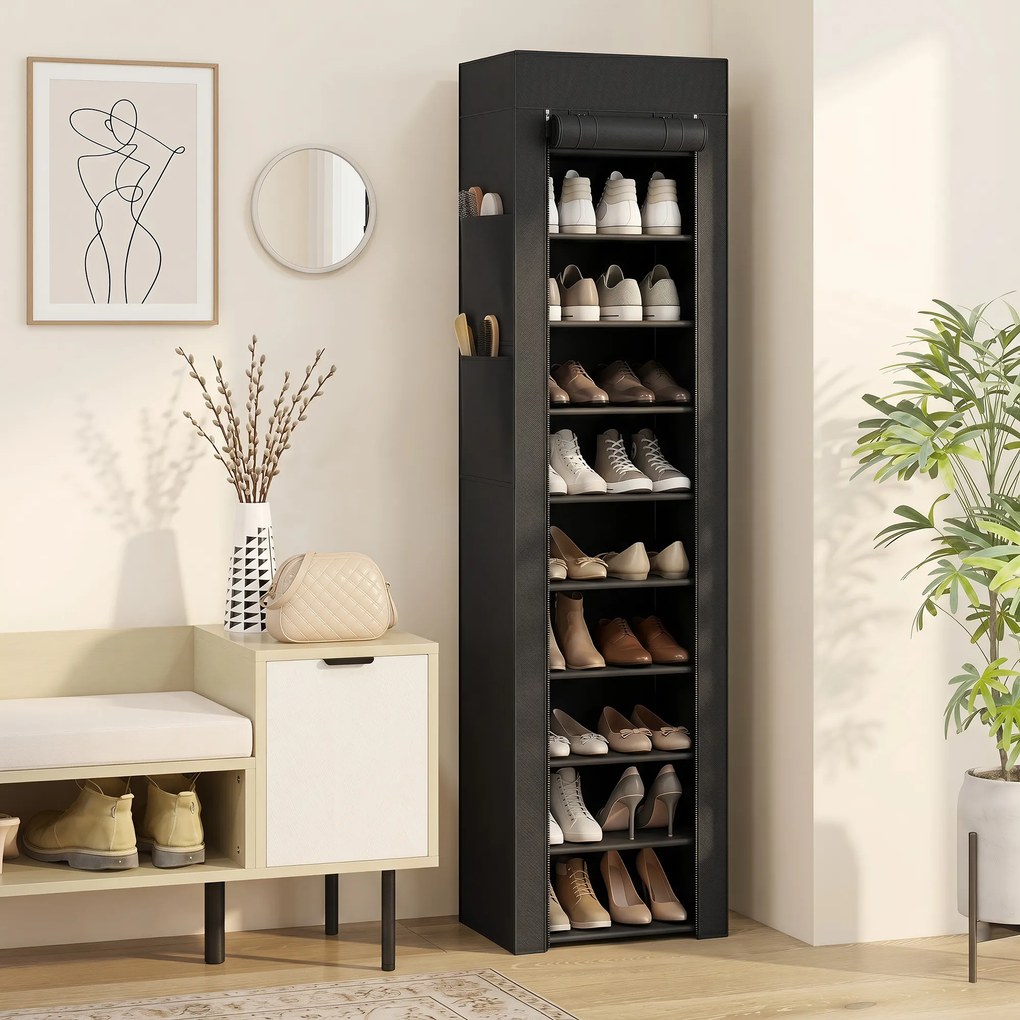 HOMCOM 10patrový úzký kovový botník s ochranným krytem proti prachu – pro 20 párů, 45 × 30 × 175 cm, černý