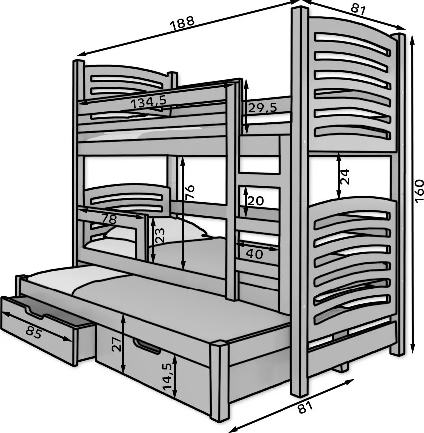 ADRK Furniture Patrová postel pro tři osoby s matracemi SORIA