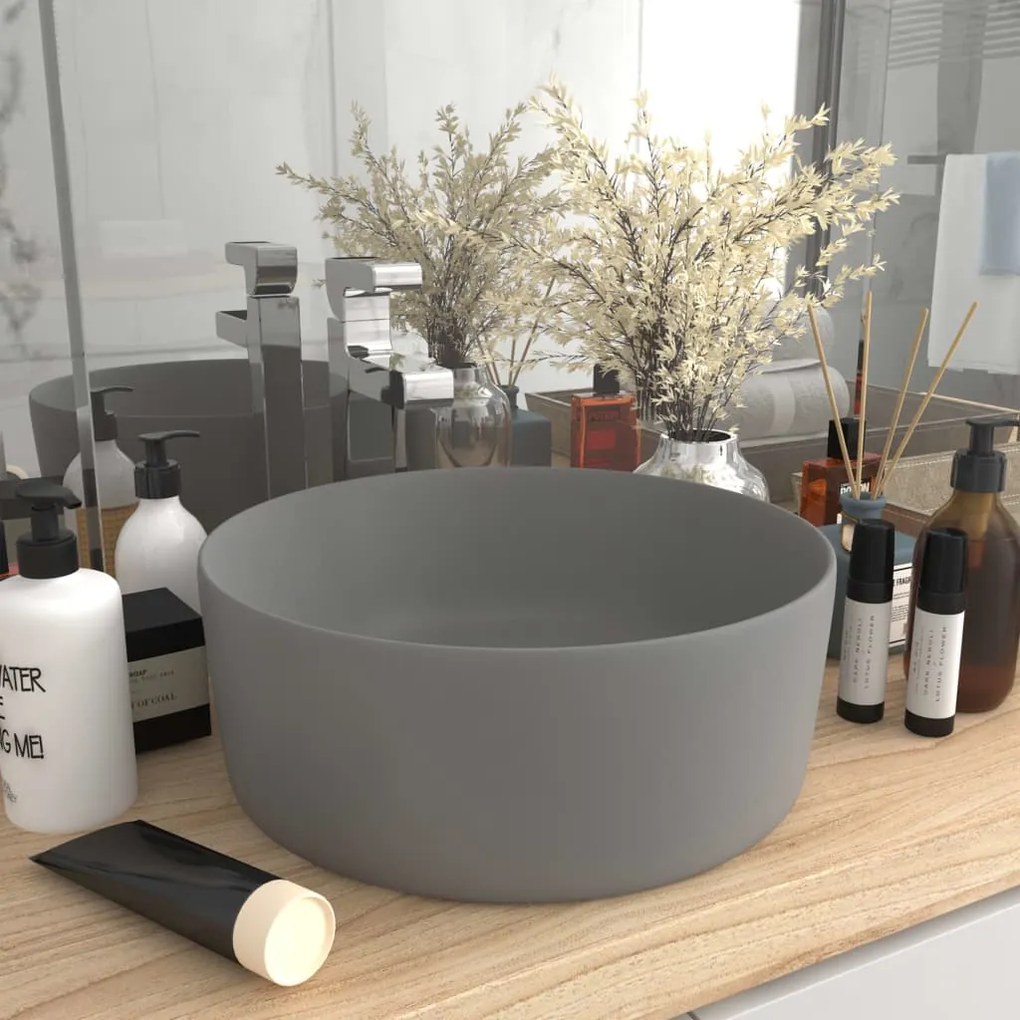 Luxusní umyvadlo kulaté matné světle šedé 40 x 15 cm keramické 147015