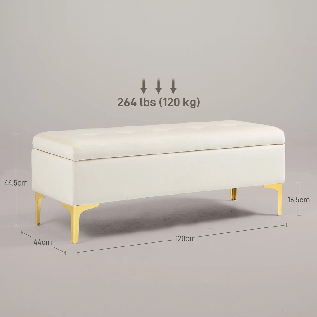 HOMCOM Lavice s úložným prostorem čalouněná lavice sametový vzhled kovové nohy lavice do obývacího pokoje ložnice předsíně 120 x 44,5 cm béžová