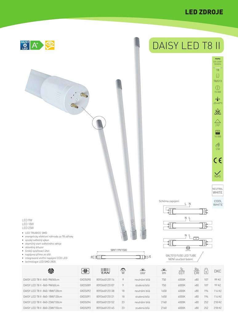 Greenlux GXDS306v2 LED zářivková trubice DAISY LED T8 III -840-18W/120cm studená bílá