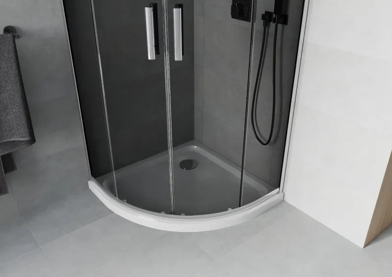 Mexen Rio, čtvrtkruhový sprchový kout s posuvnými dveřmi 90 x 90 cm, 5mm šedé sklo, chromový profil + bílá sprchová vanička, 863-090-090-01-40-4110