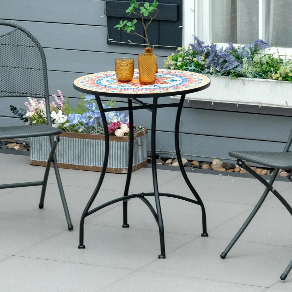 Outsunny zahradní stůl mozaikový stůl kulatý bistro stolek s mozaikovou deskou keramický kov červený+modrý+bílý Ø60 cm | Aosom