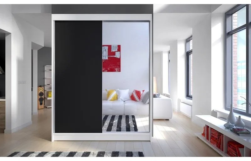 Šatní skříň Belgia I, Barva: bílá + černá + zrcadlo, Osvětlení: osvětlení LED RGB - barevné