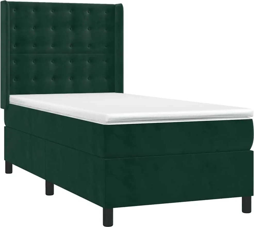 Box spring postel s matrací a LED tmavě zelená 90x200 cm samet 3139784