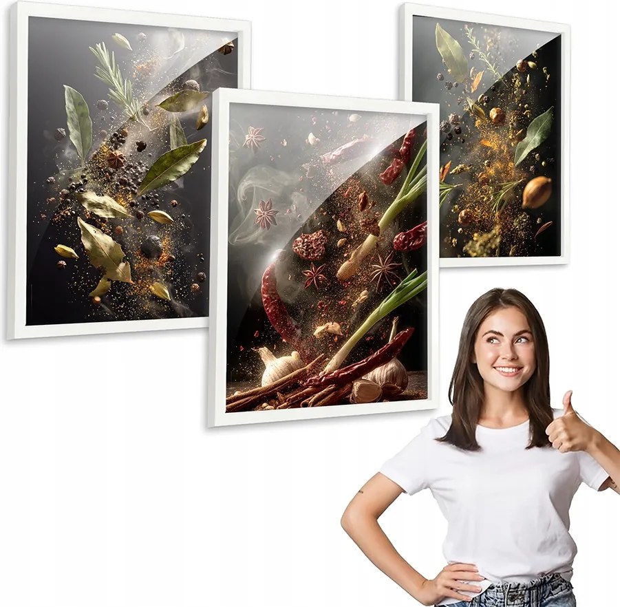 Sada 3 obrazů vzor Koření s bílým rámečkem 40x50 triptych do kuchyně