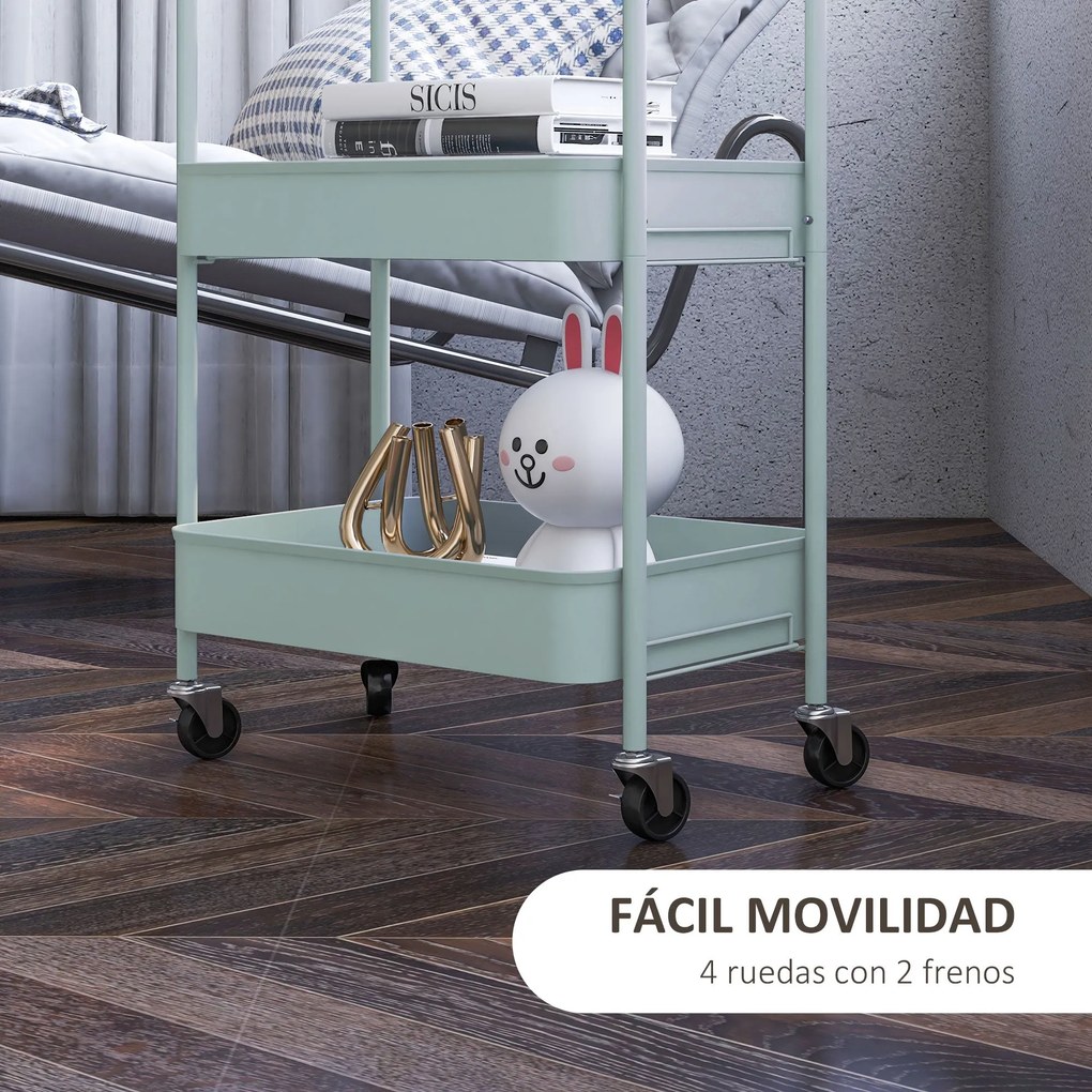 HOMCOM Skladovací vozík na kolečkách se 3 košíky a ocelovým rámem pro obývací pokoj, ložnici, kancelář a kuchyň 45x30x79 cm Světle modrá