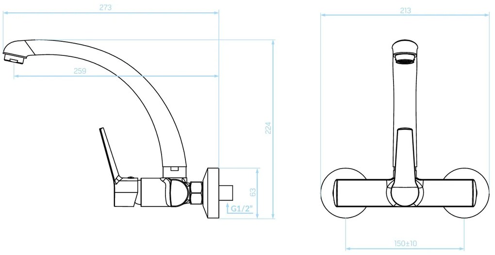 Kuchinox Vilava, nástěnná dřezová baterie s výlevkou ve tvaru F, chromová, LAV-BKW_087D