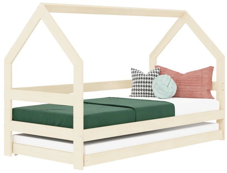 Benlemi Dětská dřevěná postel domeček SAFE 3v1 se zábranou a přistýlkou Zvolte barvu: Béžová, Zvolte rozměr: 90x190 cm, Zvolte zábranu: S jednou zábranou