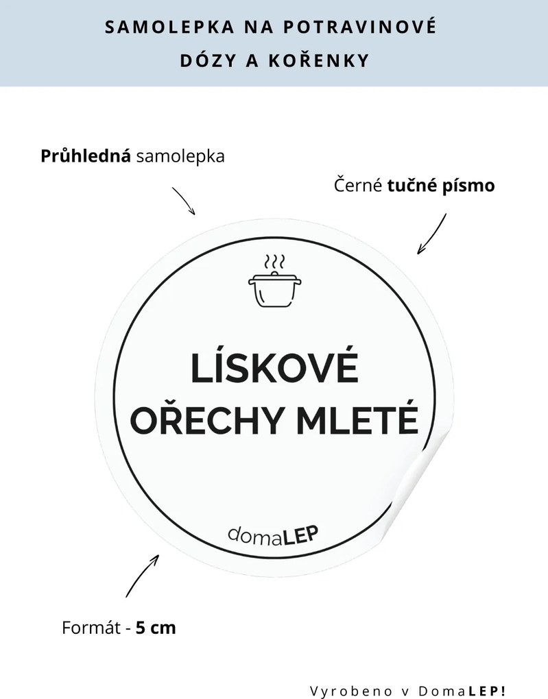 LÍSKOVÉ OŘECHY – průhledná samolepka na dózu, tučné písmo, 5 cm | DomaLEP