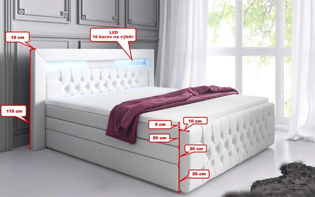 K&M postele Boxspring postel SONNO s úložným prostorem, LED a USB Velikost postele: 200 × 200 cm, Výběr matrace: Oboustranná pružinová matrace - stře…