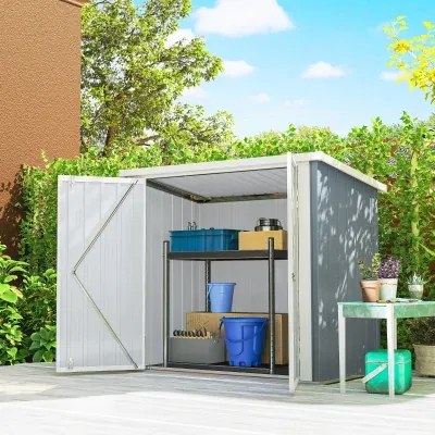 Outsunny kovový zahradní domek 1,1 m², sklad nářadí s pultovou střechou, uzamykatelné dvojité dveře, 147 x 86 x 134 cm