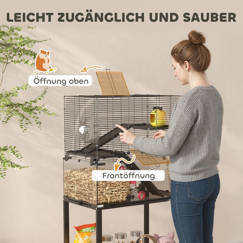 PawHut Klec pro křečky, výběh pro malá zvířata se 3 úrovněmi, běhací kolo, bouda, plošiny, rampy, miska na krmivo, láhev na vodu, příslušenství, ocel…