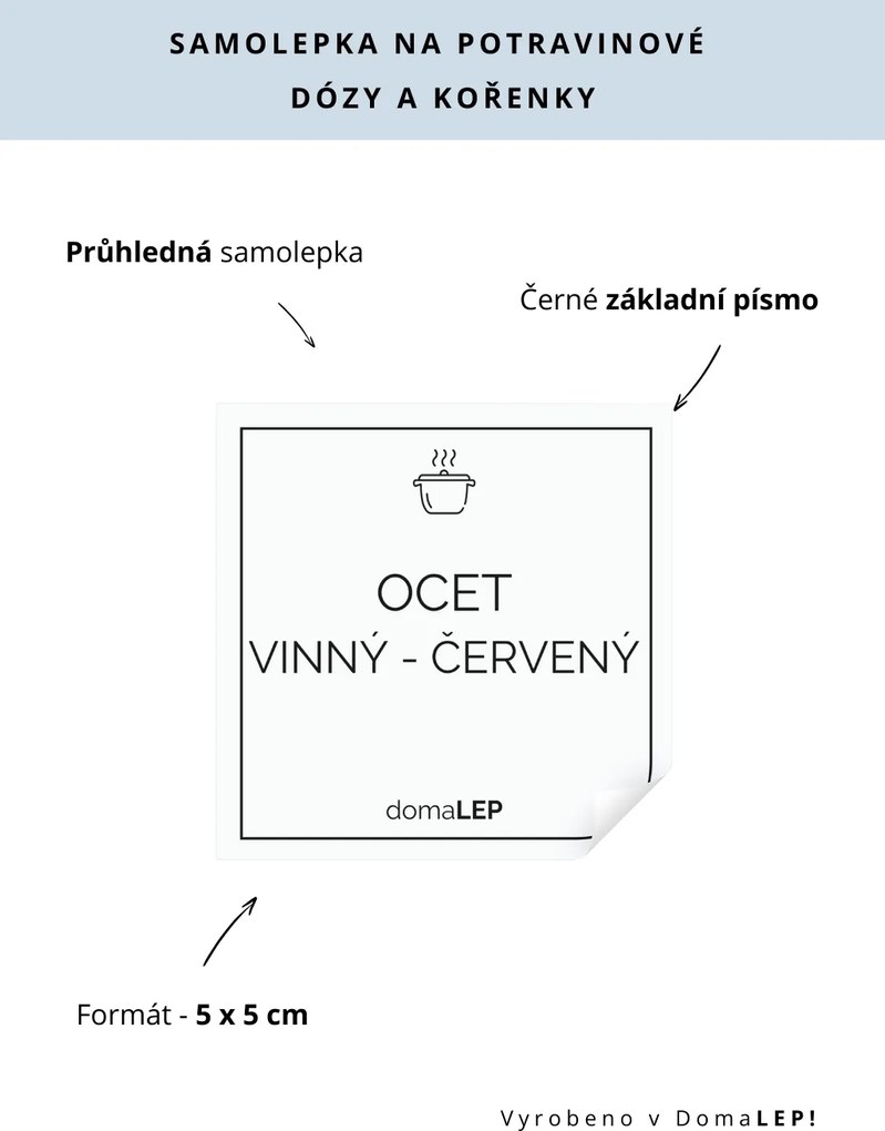 Samolepka na láhev OCET VINNÝ - ČERVENÝ – průhledná, 5 x 5 cm, základní písmo