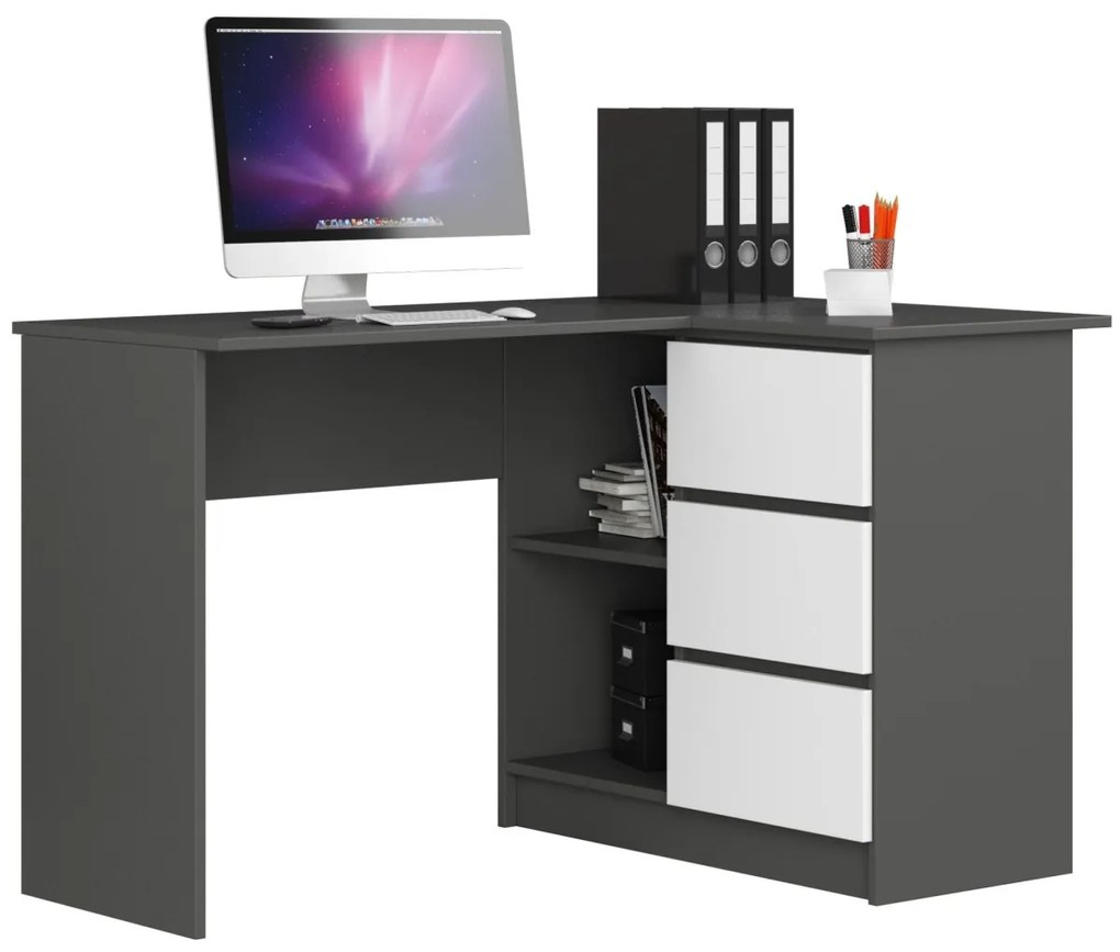 Rohový psací stůl B16 124 cm šedý/bílý pravý