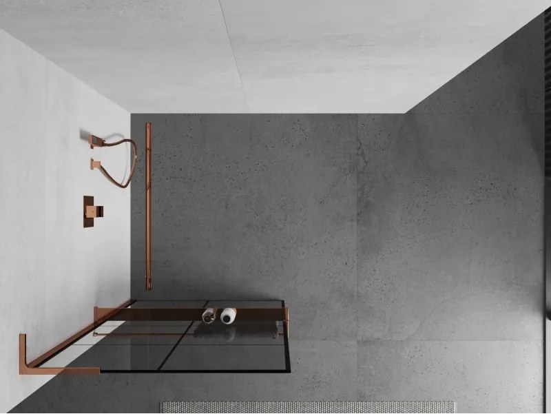 Mexen Kioto+ L, sprchová zástěna Walk-In s poličkou a věšákem 90 x 200 cm, 8mm čiré sklo černý vzor, ​​růžové zlato profil, 800-090-123-60-77