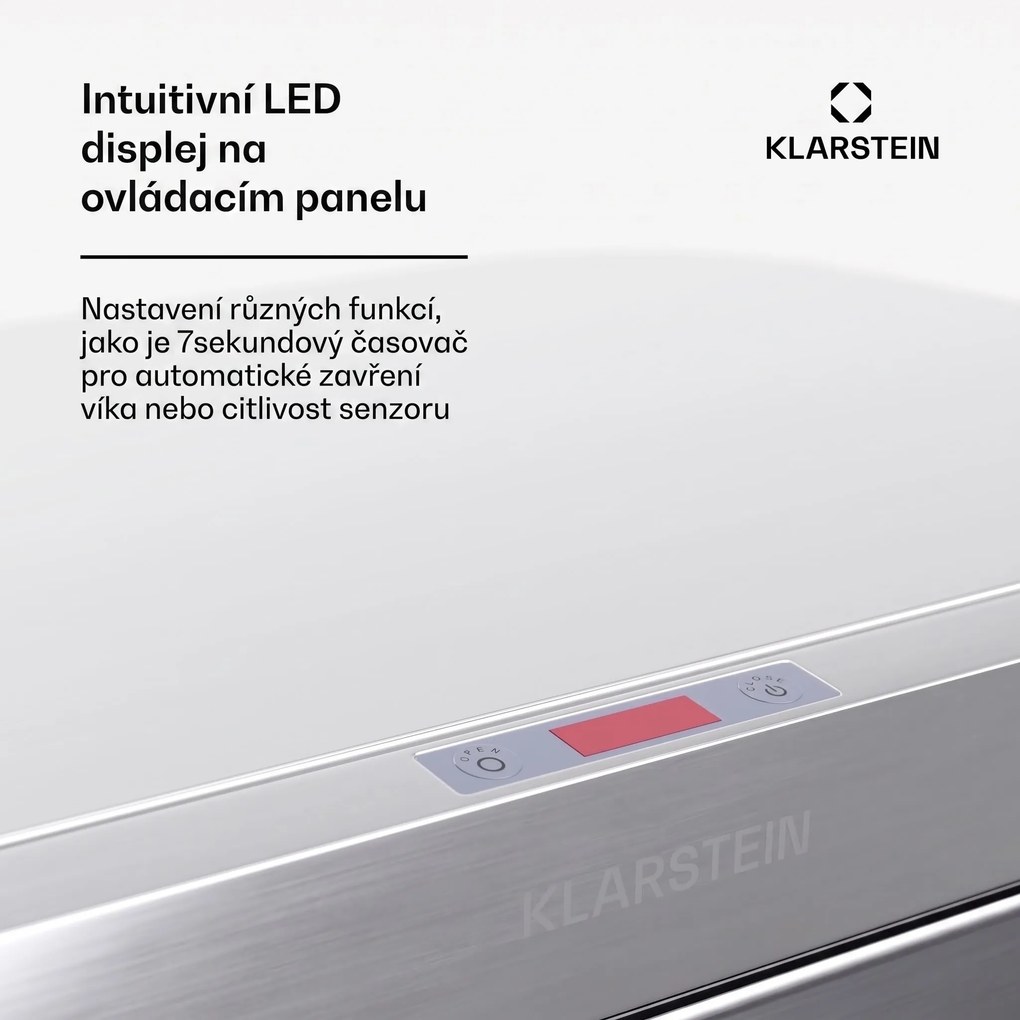 Klarstein Touchless, senzorový odpadkový koš, 50 l, z nerezavějící oceli, Soft-Close zavírání, napájen baterií, LED displej, časovač