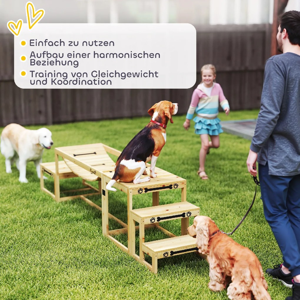 PawHut Agility set pro psy, konstrukce pro výcvik psů s mostem, schody, plošina, jedlové dřevo, pro velké psy do 40 kg