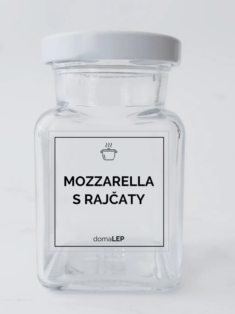 Samolepka na kořenky MOZZARELLA S RAJČATY průhledná 5 × 5 cm tučné písmo