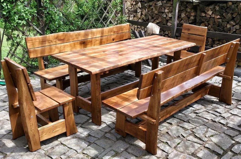 KULHÁNEK Zahradní dubová sestava - stůl, 2x lavice s opěradlem, 2x židle (rustikální provedení) Délka: 150 cm, Odstín nátěru: olej - palisandr