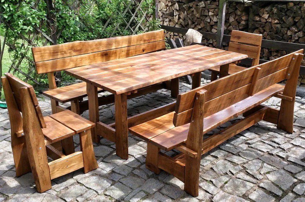KULHÁNEK Zahradní dubová sestava - stůl, 2x lavice s opěradlem, 2x židle (rustikální provedení) Délka: 180 cm, Odstín nátěru: lazura - teak