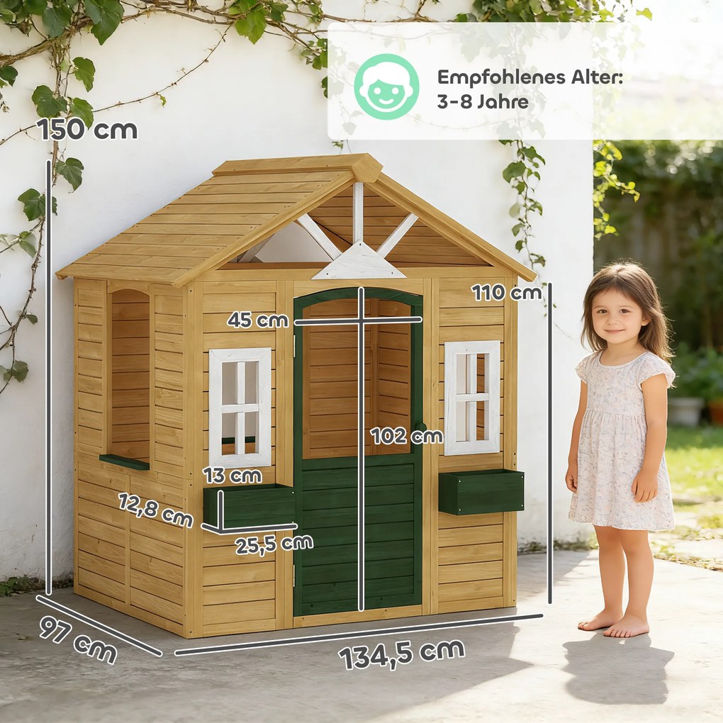 AIYAPLAY Dětský domek na hraní Dřevěný venkovní domek na hraní s dveřmi 3 okny 2 truhlíky na květiny pro děti od 3 do 8 let 134,5 x 97 x 150 cm Hnědá…