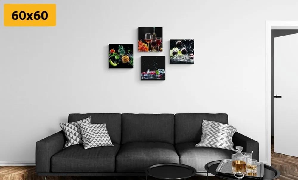Set obrazů víno a kousky ovoce na černém pozadí - 4x 60x60 cm