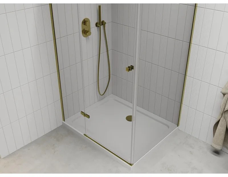 Mexen Roma sprchový kout s otočnými dveřmi 70 x 80 cm, Průhledné, Zlatá + sprchová vanička Flat - 854-070-080-50-00-4010