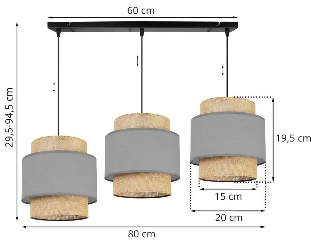 Závěsné svítidlo Boho, 3x jutové/šedé textilní stínítko