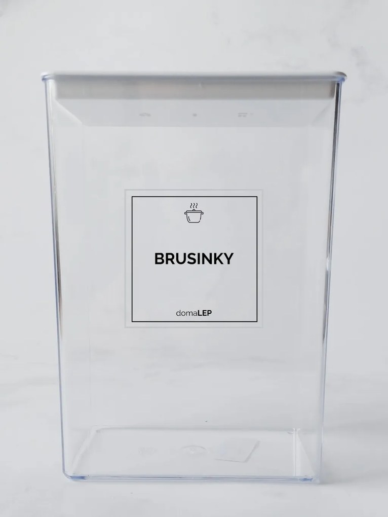 BRUSINKY – průhledná samolepka na dózu, tučné písmo, 5 x 5 cm | DomaLEP