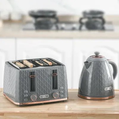 HOMCOM 2v1 kuchyňská sada, toustovač a rychlovarná konvice, různé možnosti, 1,7 l, 4 krajíce toastu najednou, plast, šedá