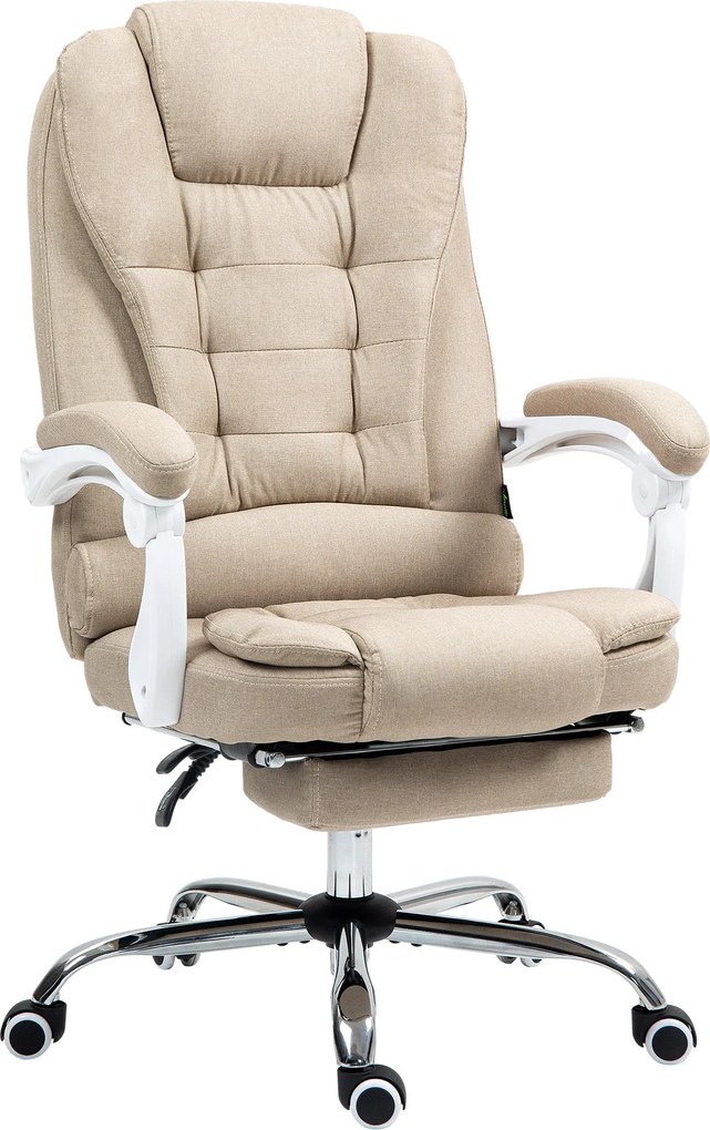 Ergonomická kancelářská židle Vinsetto, kancelářská židle s podnožkou, sklápěcím opěradlem, polstrovanými pod armresty a béžovou látkou připomínající