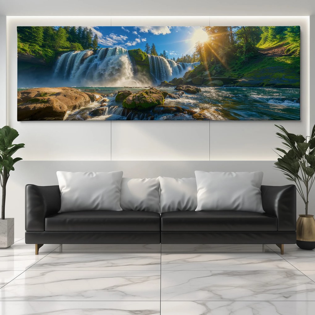 Obraz na plátně - Lesní vodopády se západem slunce FeelHappy.cz Velikost obrazu: 120 x 40 cm