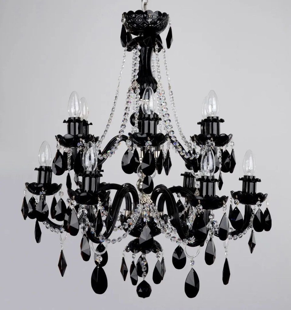 12 Arms Silver crystal chandelier with Black almonds &amp; Clear crystal chains