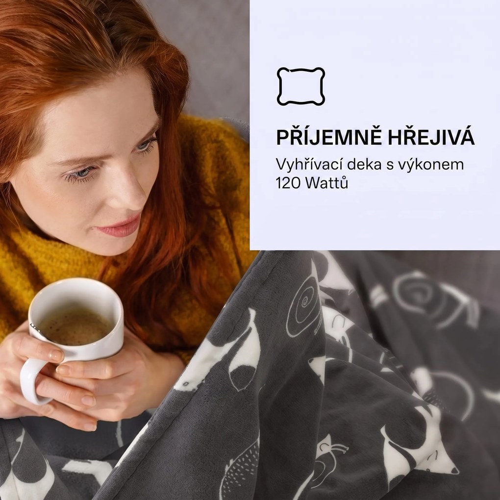 Klarstein Dr. Watson XXL, výhřevná deka, 120 W, 200 x 180 cm, coral fleece, antracitová, zvířecí motiv