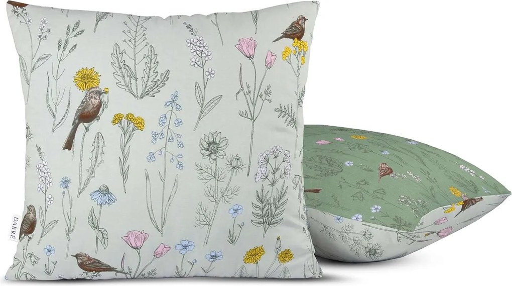 Bavlněný povlak na polštář Ptáčci v kvítí - zelený - duo Velikost: 40 x 40