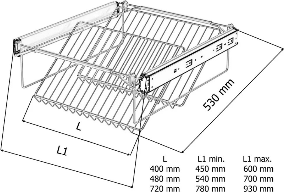 In-Design Stojan na boty plný výsuv stříbrná Šířka koše (mm): 480 mm, Minimální nastavitelná šířka: 540 mm, Maximální nastavitelná šířka: 700 mm