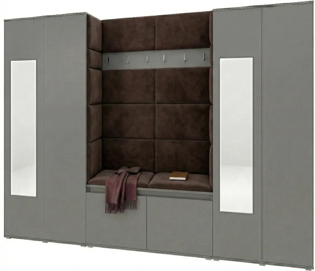 Předsíňová stěna Trinity 10 s čalouněnými panely, 280 cm, grafit/ tmavě hnědá