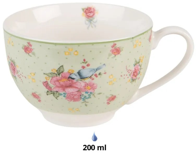 Zelený porcelánovýšálek s podšálkem s květy a ptáčkem Cheerful Birdie – 12x9x6 cm