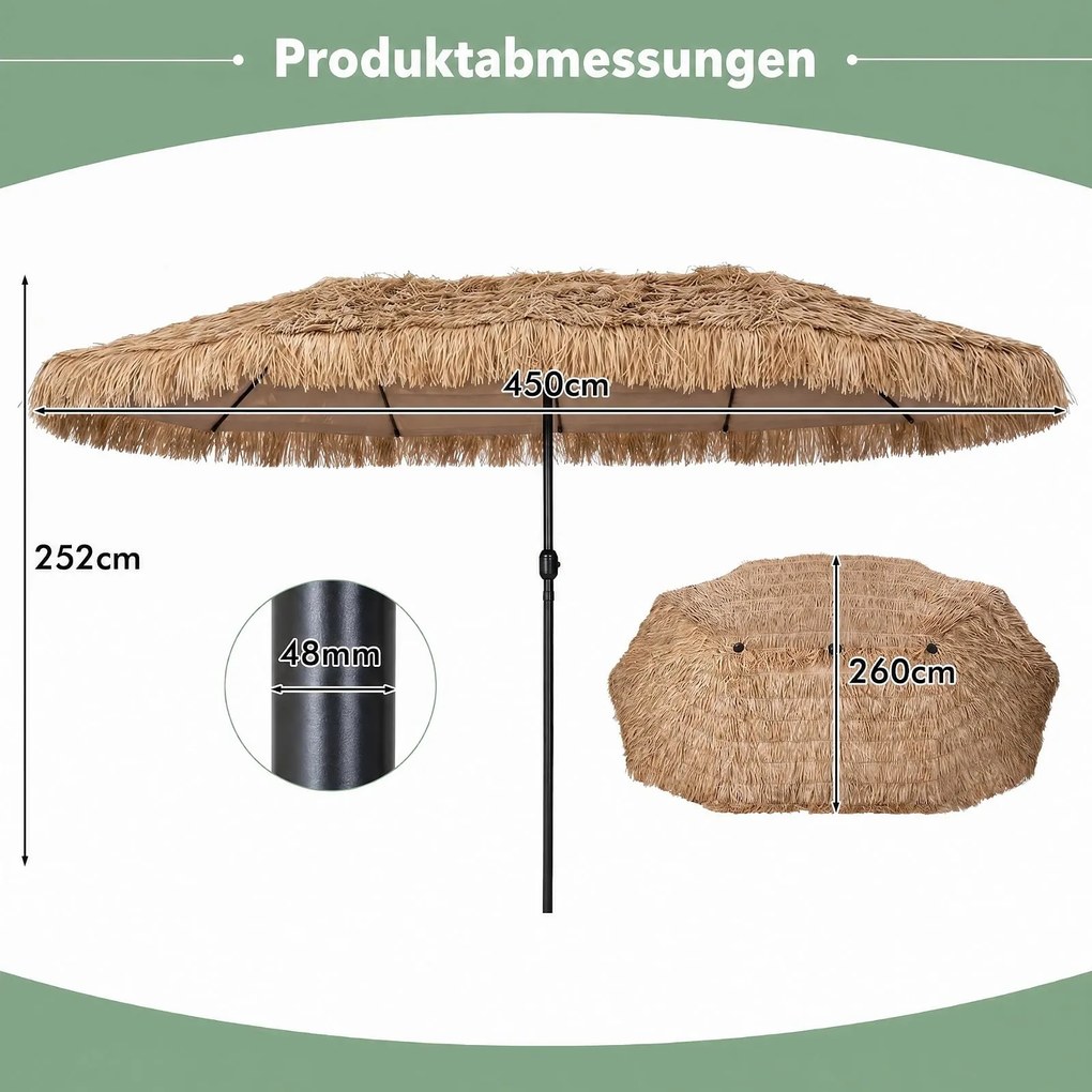 Costway 450 cm slunečník Havajský s klikou a 12 kovovými žebry s ochranou proti