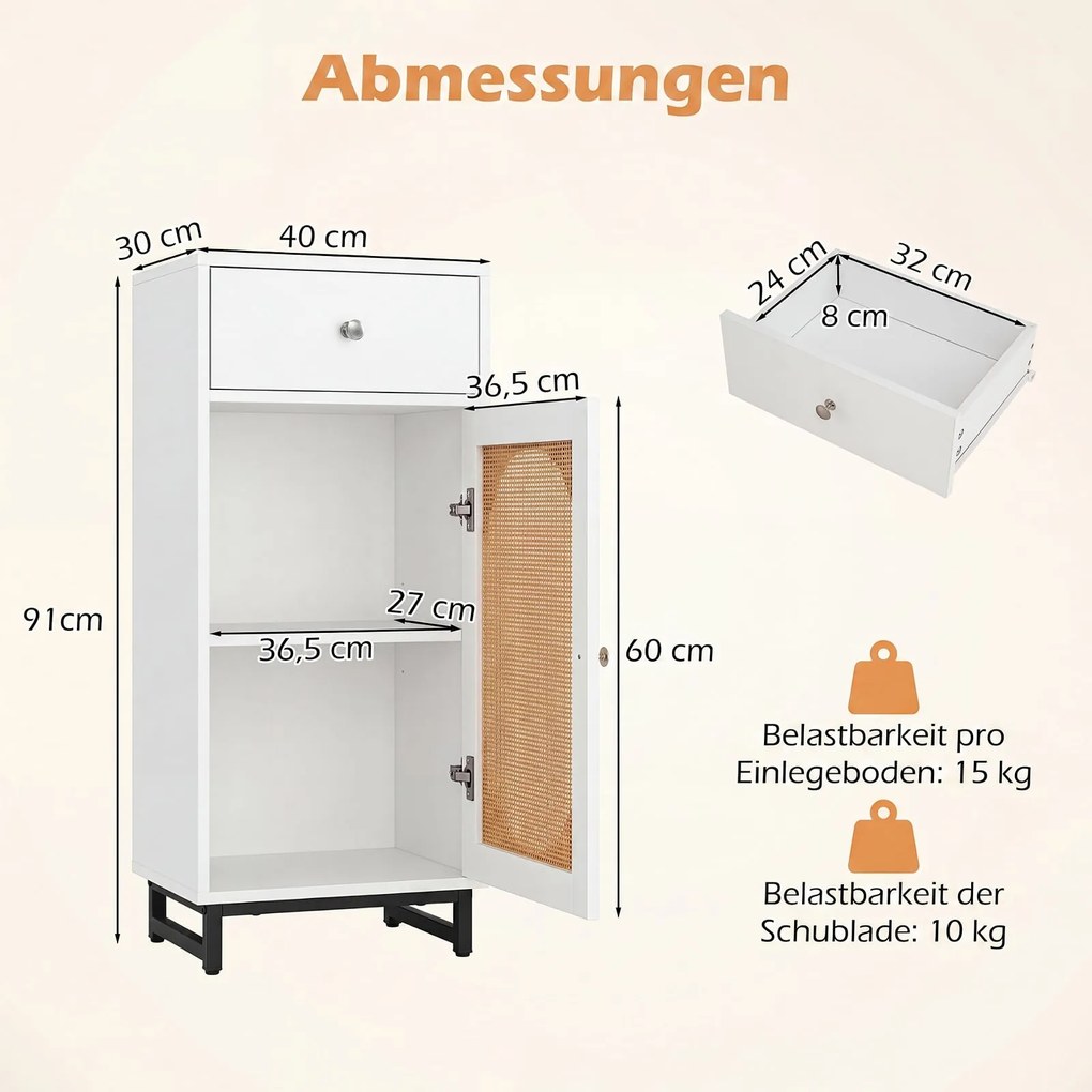 Costway Ratanový noční stolek s dvířky a zásuvkou Boho s – 40 × 30 × 91 cm