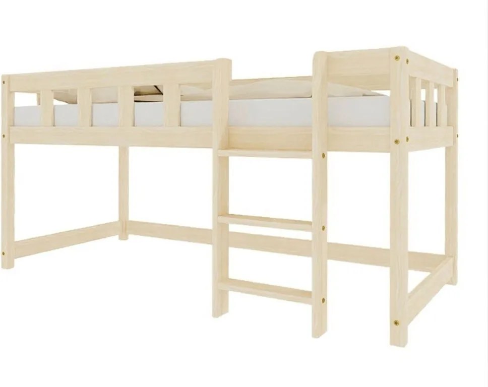 Benlemi Nízká vyvýšená postel PLOTTY s žebříkem 90x200 cm Zvolte barvu: Bílá, Zvolte stranu: Vpravo, Zvolte variantu: Se závěsem