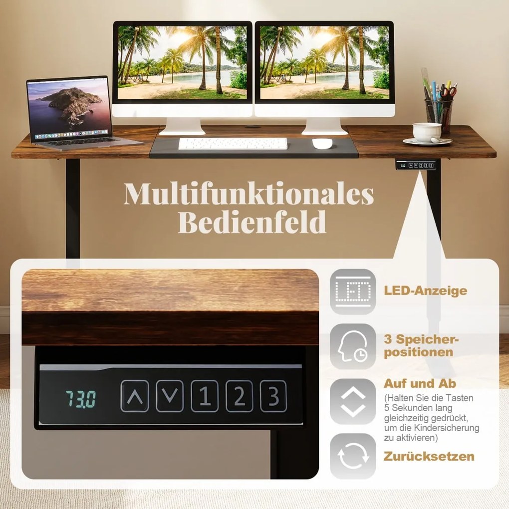 Costway Elektrický stojánek výškově nastavitelný stůl ergonomický – hnědý