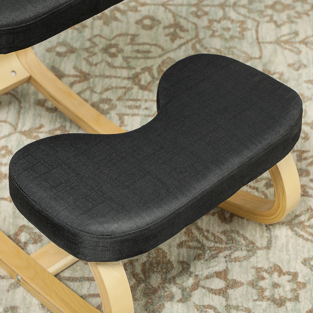 HOMCOM Ergonomická houpací kolenící židle v lněné efekt tkanině a z březového dřeva, 50x73x55 cm, Černá