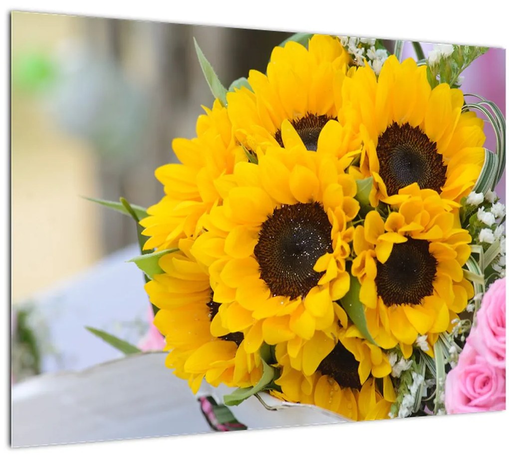 Skleněný obraz svatební kytice ze slunečnic (70x50 cm)