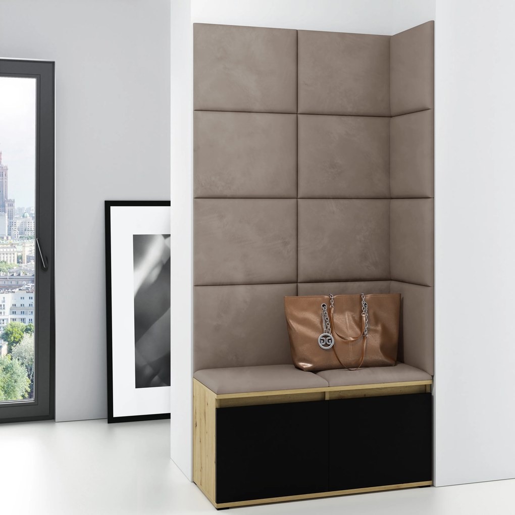 Eka Předsíňová stěna s čalouněnými panely Trinity 2 - Dub Artisan s černou / Tmavá béžová 2305