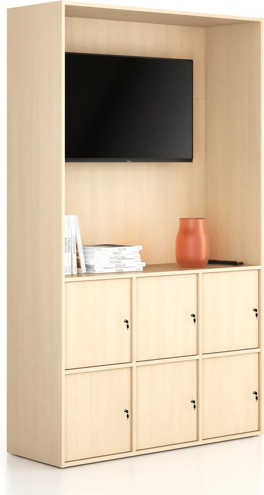 Kancelářská skříň FRAME, 6x dveře, prostor pro TV, 1299 x 450 x 2162 mm, cylindrický zámek, bříza