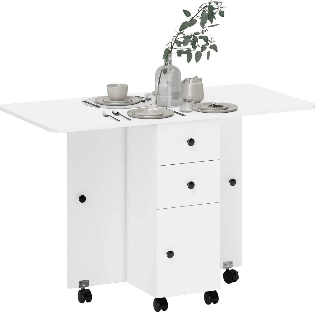 Skládací jídelní stůl HOMCOM s kolečky, skládacími křídlovými deskami, šuplíky a skříňkou pro 4-6 osob 120x60x76,5 cm Bílý | Aosom