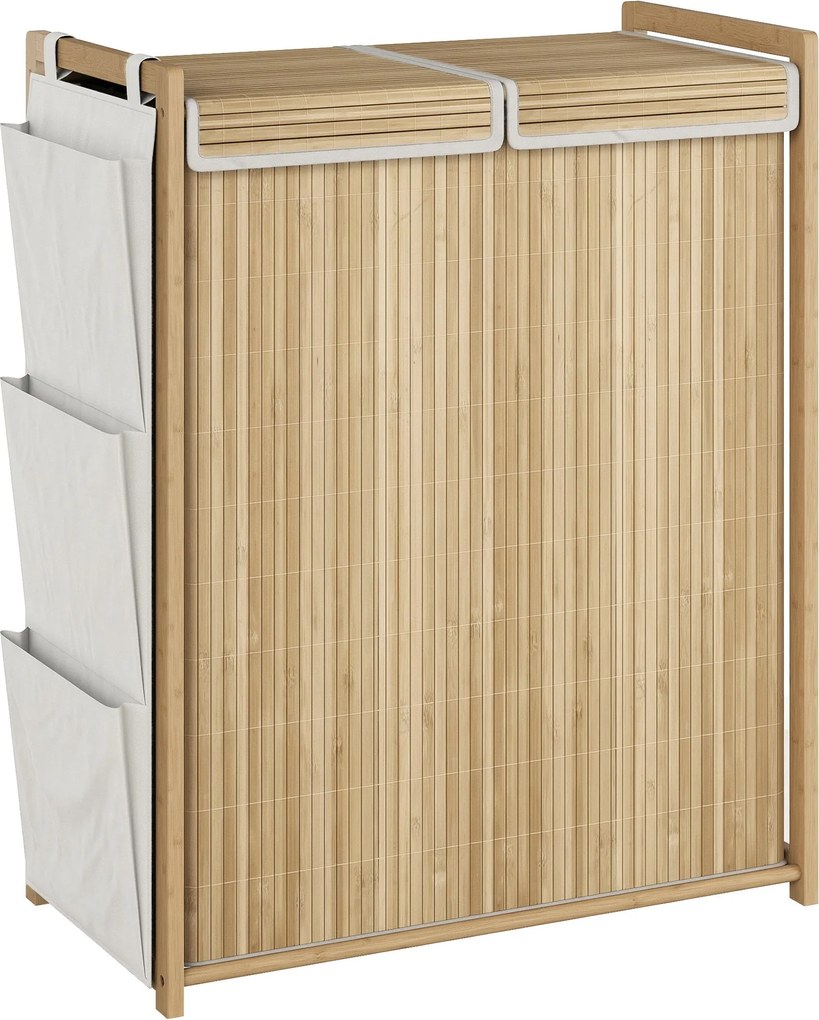 HOMCOM bambusový koš na prádlo 120 l s víkem, 2 přihrádky, snímatelné vaky, boční kapsy, 63 × 33 × 78 cm | Aosom