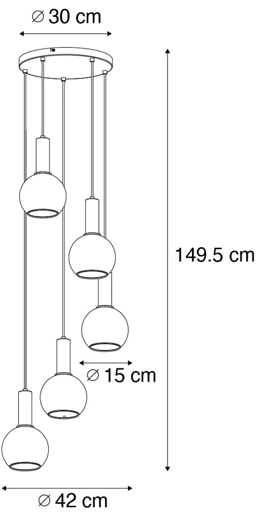 Závěsné svítidlo Art Deco černé s kouřovým sklem kulaté 5-světlo - Josje